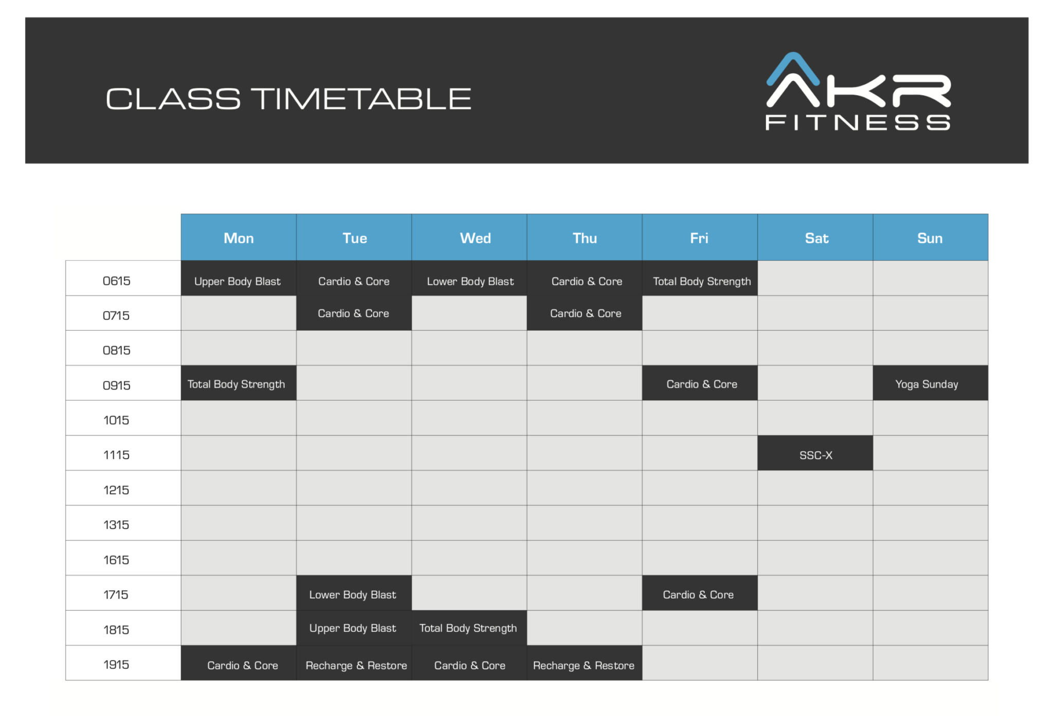 Class Timetable | AKR Fitness